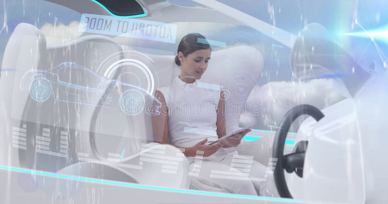 Image of Data Processing Over Woman Using Tablet in Self Drive Car Stock Photo - Image of ...
