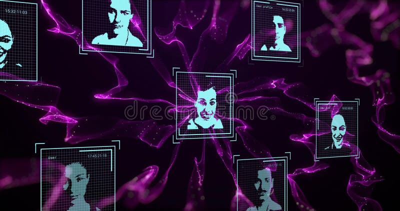 Image of Data Processing with People Icons and Purple Shapes on Black ...
