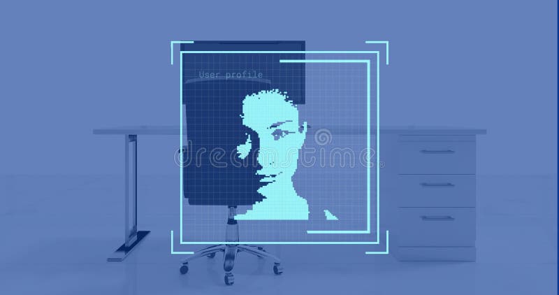 Image of Data Processing with Portraits Over Desk with Computer on Blue ...