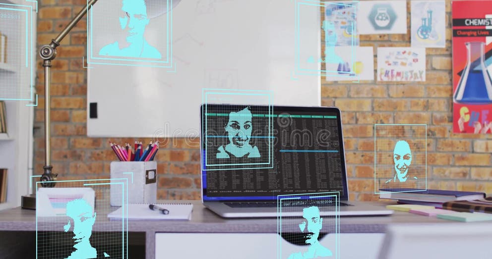 Image of Data Processing with Portraits Over Laptop on Desk in Office ...