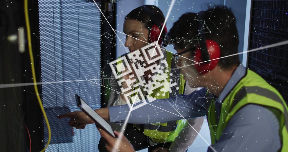 Image of Data Processing and Qr Code Over Diverse Workers in Server ...
