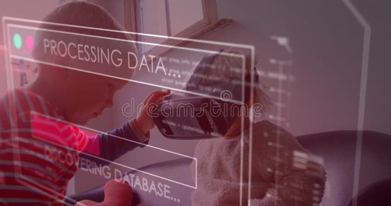 Image of Data Processing on Screen Over Child Playing with Vr Headset ...