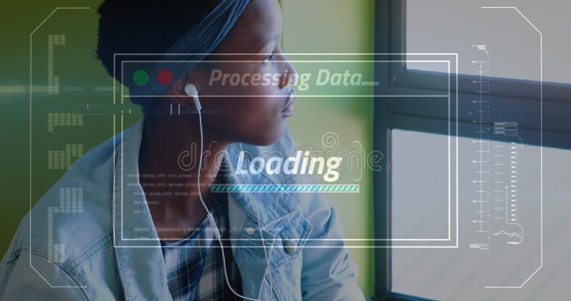 Image of Data Processing on Screen Over Woman Using Smartphone Stock ...