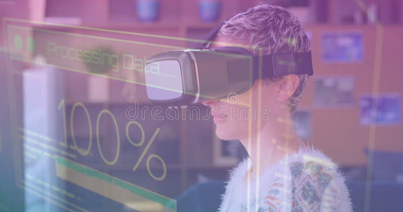 Image of Data Processing on Screen Over Woman Using Vr Headset Stock ...