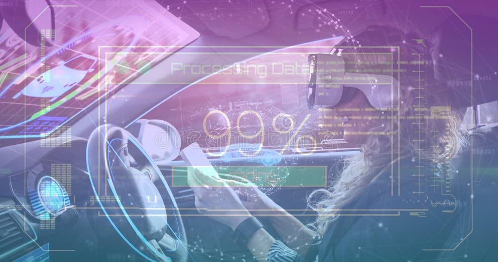 Image of Data Processing on Screen Over Woman Using Vr Headset and ...