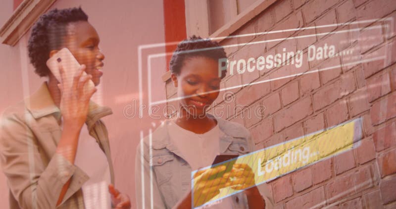 Image of Data Processing on Screen Over Women Using Smartphones Stock ...