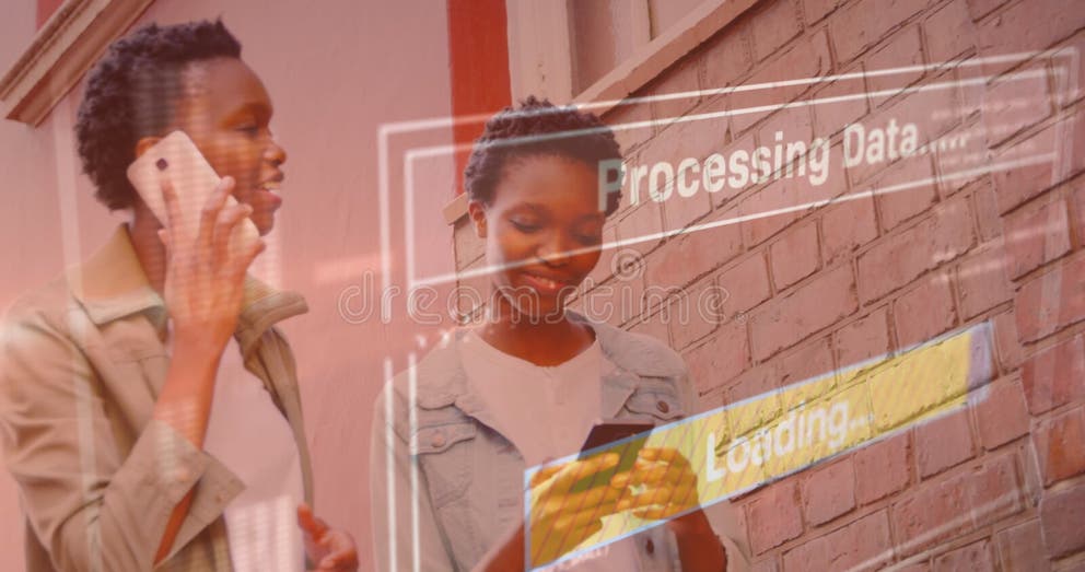 Image of Data Processing on Screen Over Women Using Smartphones Stock ...