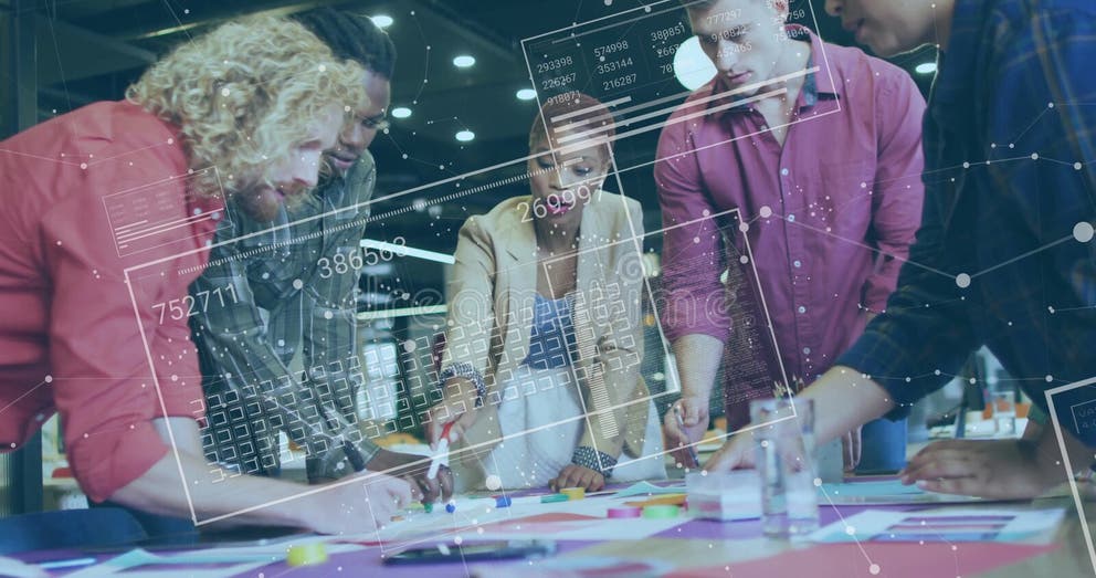 Image of Data Processing and Shapes Over Diverse Colleagues Discussing ...