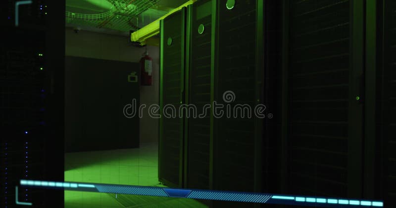Image of Data Processing and Text Over Green Lights of Computer Server ...