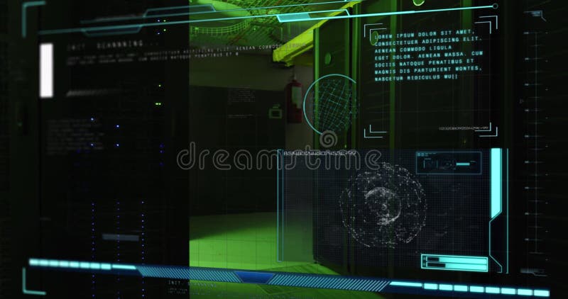 Image of Data Processing and Text Over Green Lights of Computer Server ...