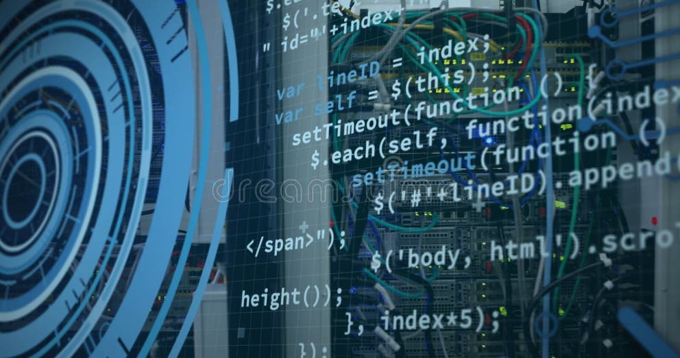 Image of Data Processing and Text Over Server Room Stock Photo - Image ...