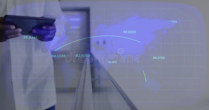Image of Data Processing and World Map Over Biracial Male Doctor Using ...
