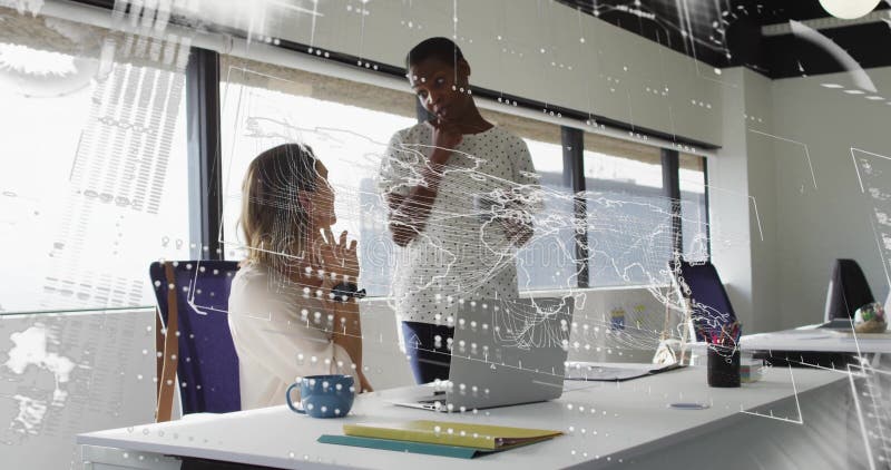 Image of Data Processing and World Map Over Diverse Female Colleagues ...
