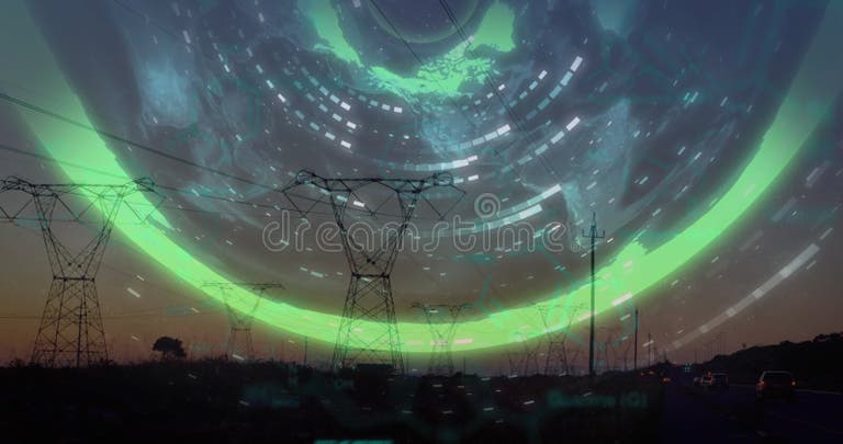 Image of Data Processing and World Map Over Electricity Pylons Stock ...