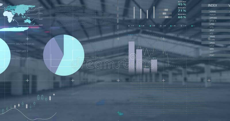 Image of Data Processing and World Map Over Empty Warehouse Stock ...