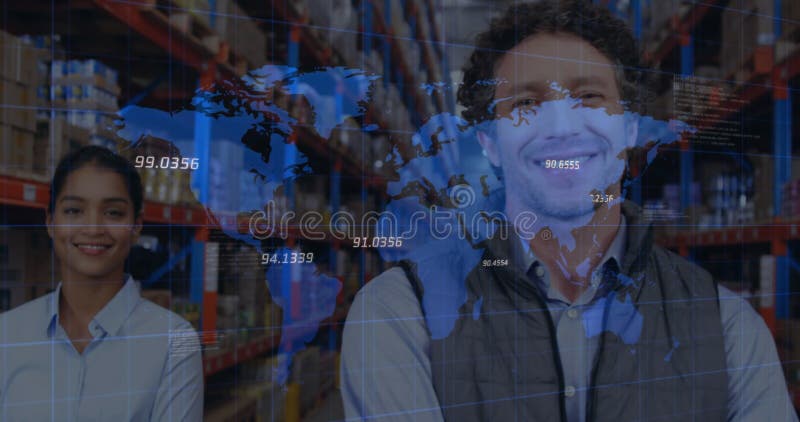 Image of Data Processing and World Map Over People in Warehouse Stock ...