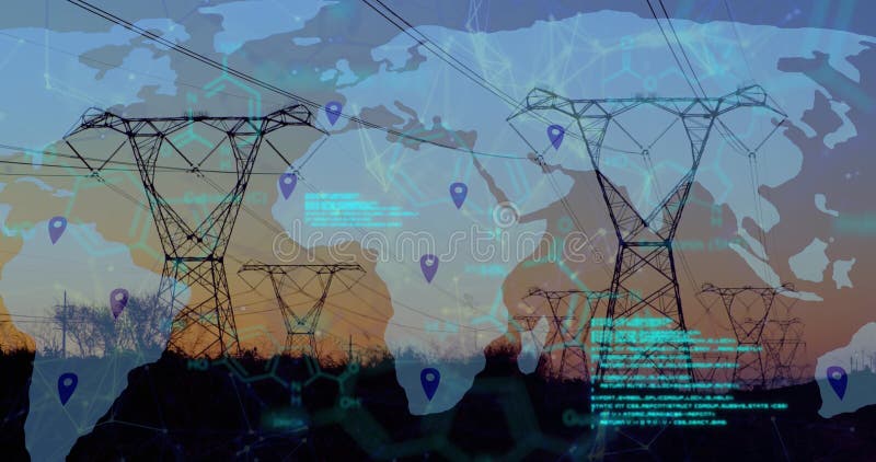 Image of Data Processing and World Map Over Pylons Stock Photo - Image ...