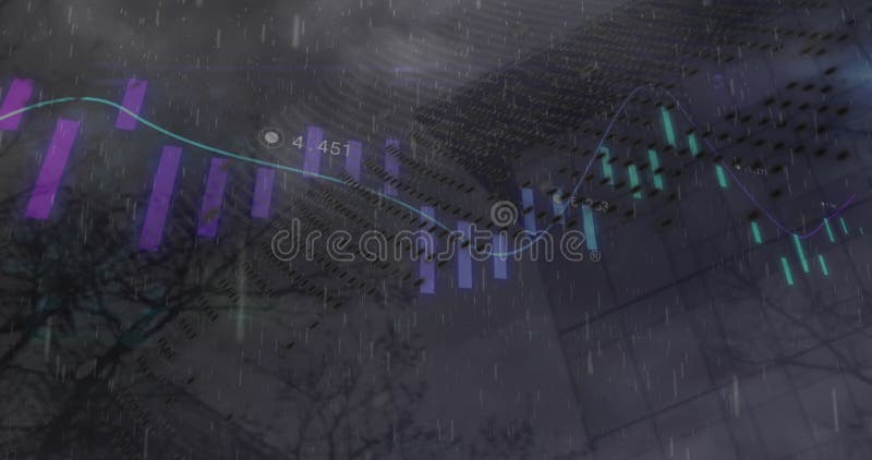 Image of Data Processing and World Map Over Rain Falling Against Tall ...