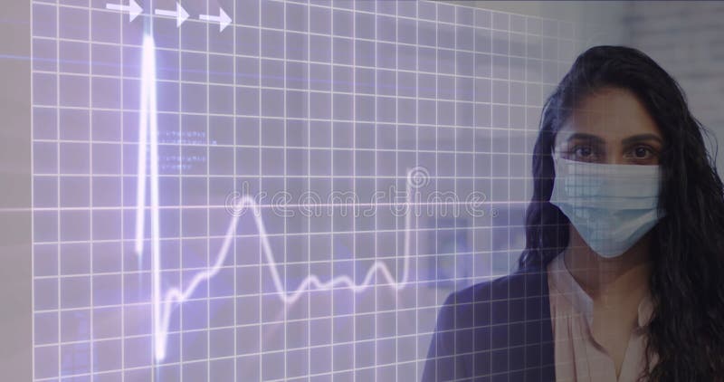 Image of Data Processing and World Map Over Woman Wearing Face Mask ...