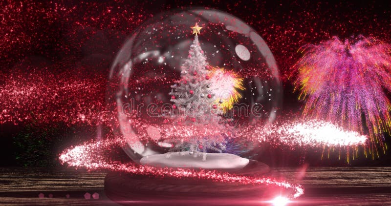 Image of Decorated Christmas Tree in Snow Globe and Colourful Fireworks ...