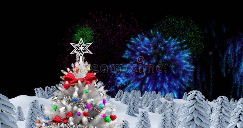 Image of Decorated White Christmas Tree with Fireworks Exploding in ...