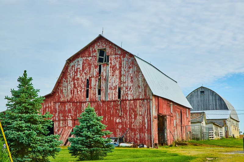 Decrepit Collapsing Barn with Chipped Red Paint Turning White and ...