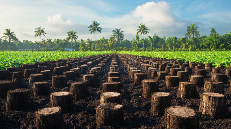 An Image of Deforestation Featuring Palm Tree Stumps in a Vibrant ...