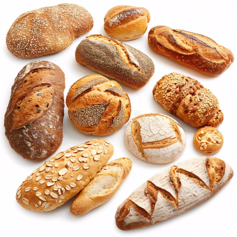 Bakery Selection: a Variety of Fresh, Crusty Loaves Isolated on White ...