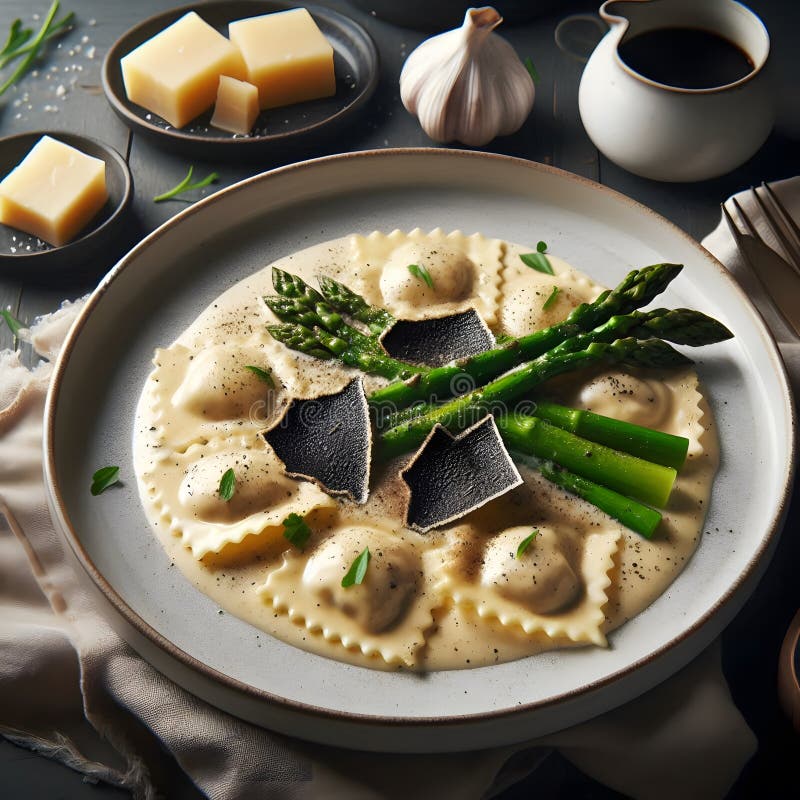 Gourmet Mushroom Ravioli with Asparagus Stock Illustration ...