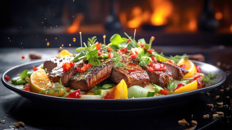 Image of a Delicious and Sizzling Plate of Grilled Meat and Vegetables ...