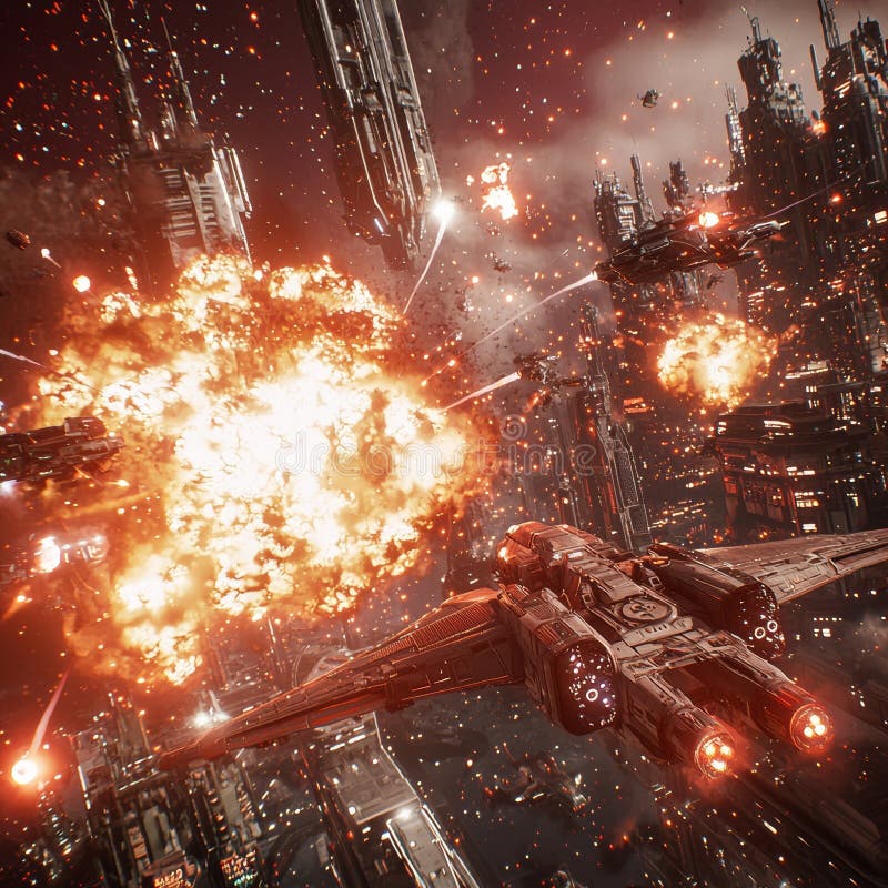 An Image Depicting a Large Space Structure with Explosions and Ships in ...