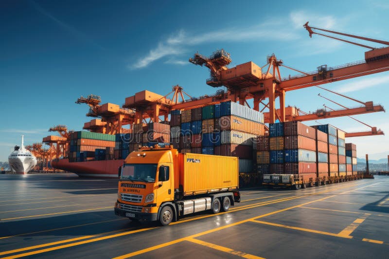 An Image Depicting Logistics with a Container Truck, Ship in Port, and ...