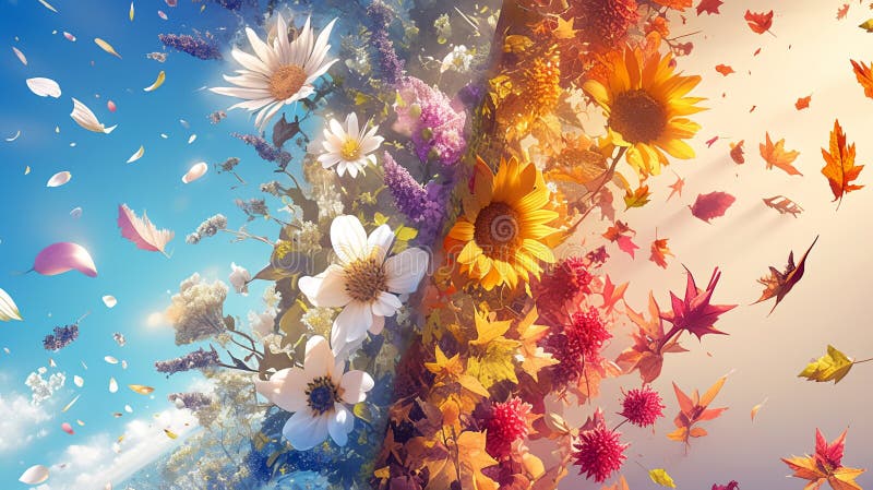 Spring and Autumn Flowers and Leaves Stock Illustration - Illustration ...