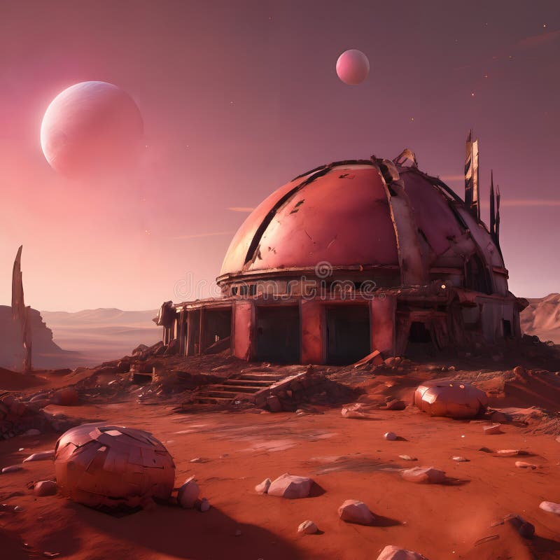 Abandoned Mars Base Under Pink Sky with Moons Stock Photo - Image of ...