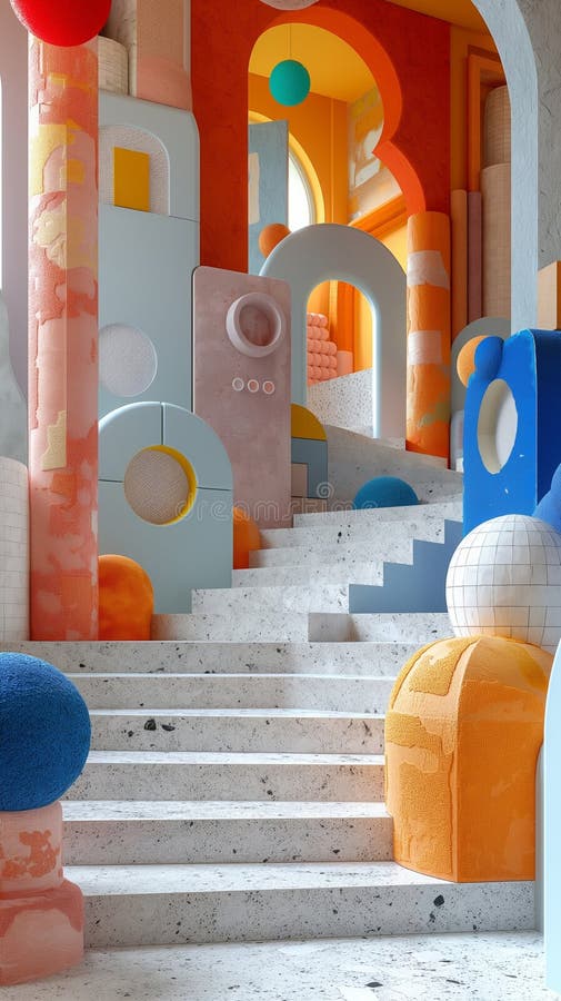 Colorful 3D Abstract Staircase with Playful Shapes and Spheres in a ...