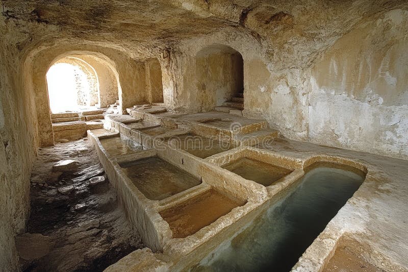 Ancient Stone Water Troughs in Underground Cave Stock Illustration ...