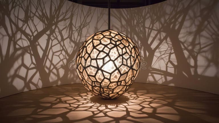 A Spherical Light Fixture with a Geometric Pattern Casts a Warm Glow on ...
