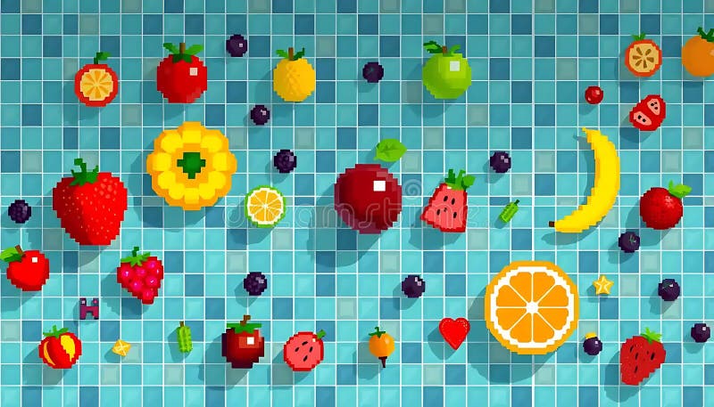 Pixelated Fruits Float Playfully on a Background of Blue Tiles Stock ...