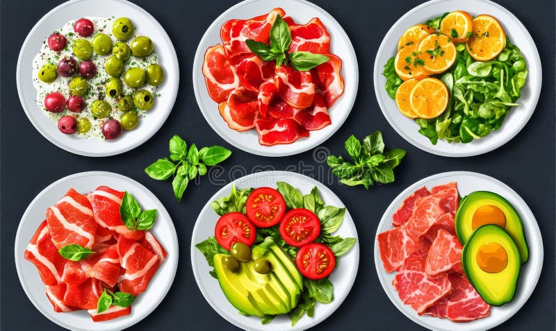 The Image Depicts an Assortment of Small Food Plates in a Pixel Art ...