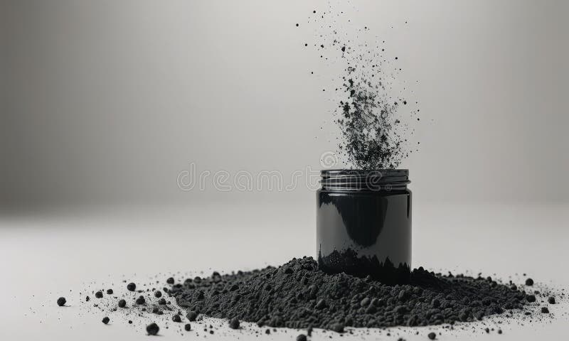 Black Jar with Lid Sits on Pile Black Powder, with Small Amount Powder ...
