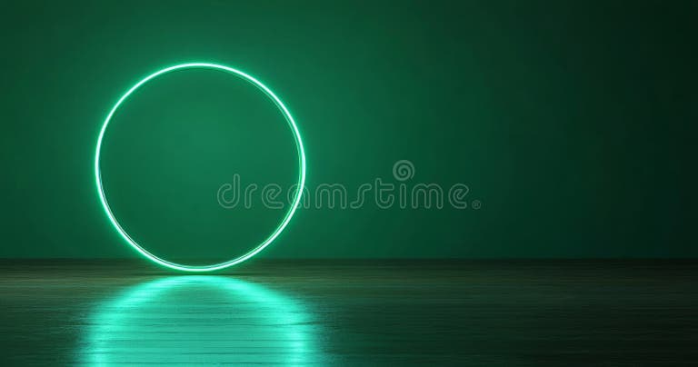 The Image Depicts a Blue Empty Circle Neon Light on a Reflective ...