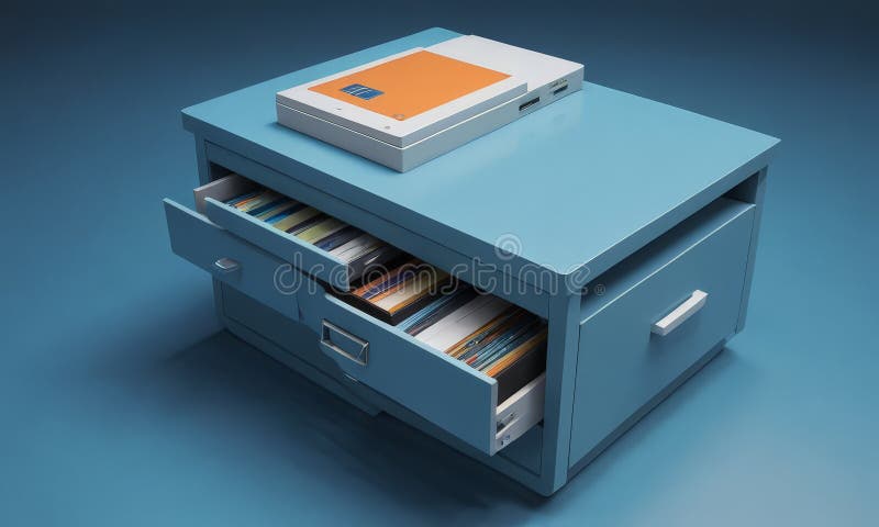 Blue Filing Cabinet with Two Open Drawers, One Containing White Box ...
