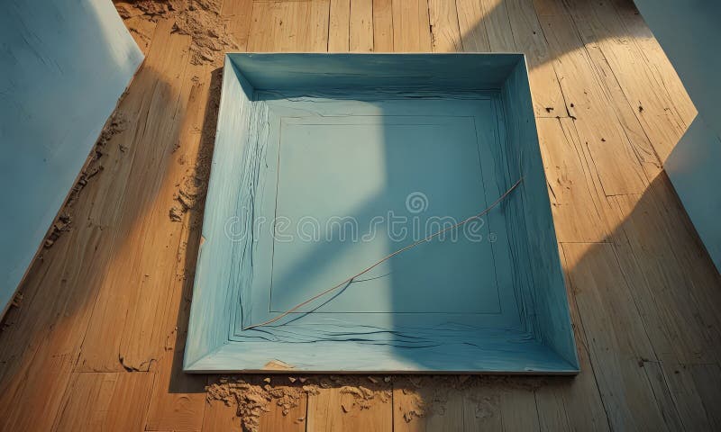 Blue Rectangular Box with White Border Rests on Wooden Floor, Casting ...