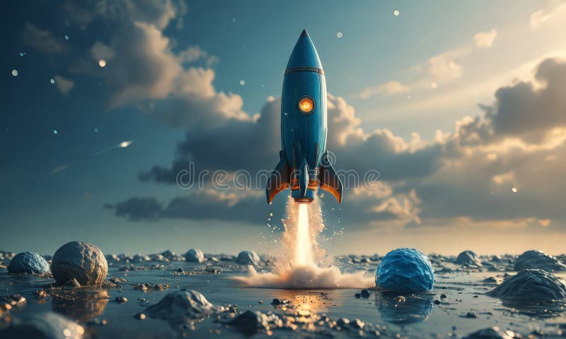 Blue Rocket Soars through Cloudy Sky, Leaving Trail Light and Leaving ...