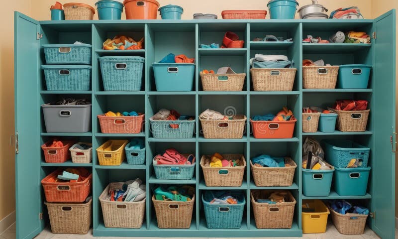 Turquoise Storage Cabinet with Multiple Shelves Holds Various Items ...