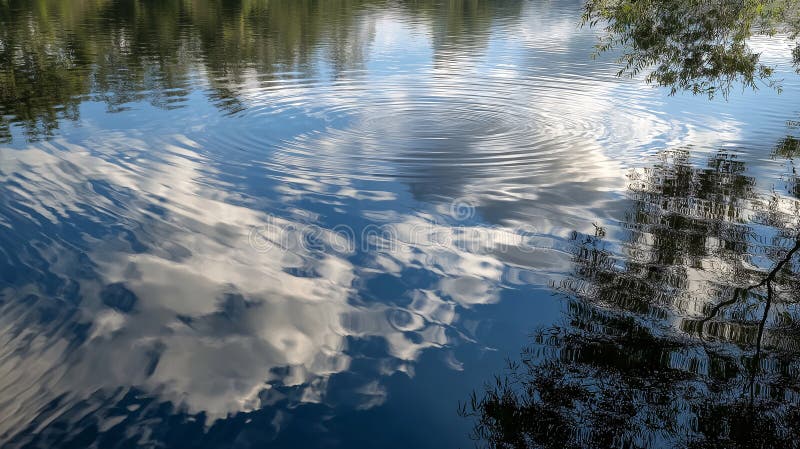 Reflections of Sky and Trees on Water with Concentric Ripple Pattern ...