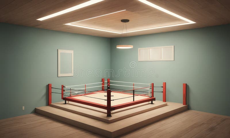Boxing Ring with Red Ropes and White Mat is Set Against Light Blue Wall ...