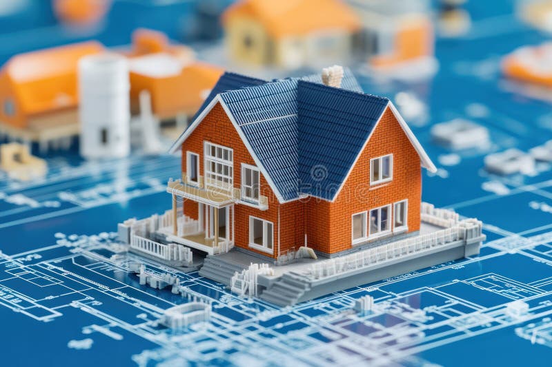 Brick House Under Construction with Blueprint Plans Stock Illustration ...