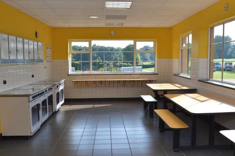 Bright Yellow School Cafeteria with Large Windows and Tables Stock ...