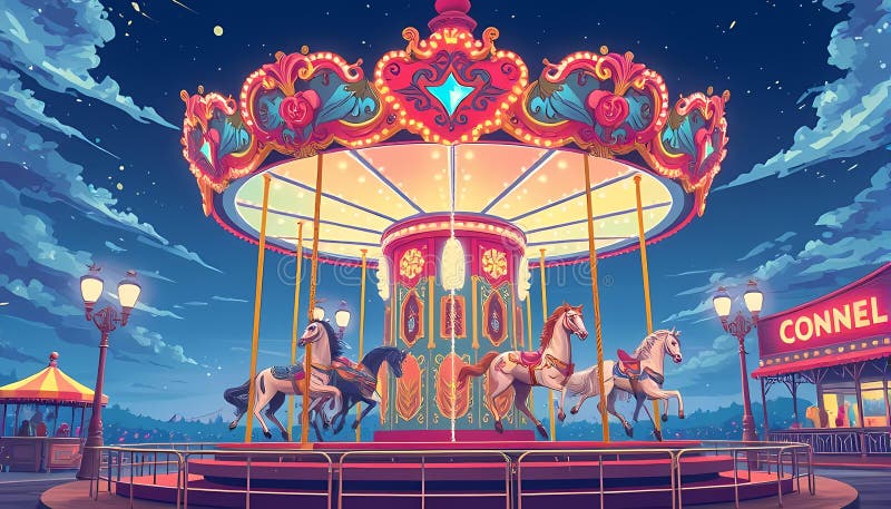 The Image Depicts a Brightly Colored Carousel Lit by Glowing Lights ...